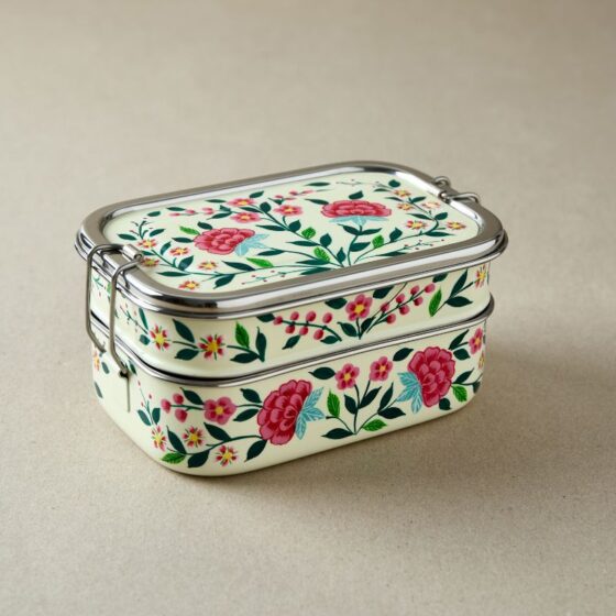 Pink & Ivory Flowers | Stainless Steel Hand-Painted Tiffin Style Lunch ...